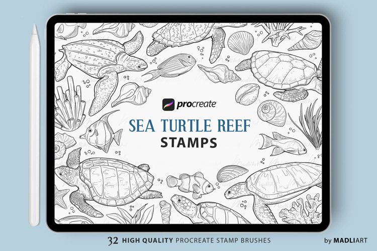 32 Coral Reef Sea Turtle Procreate Stamps. Ocean Life Tattoo