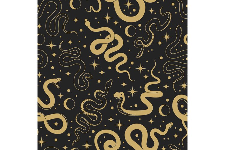 Snakes seamless pattern. Golden mystic serpents, decorative