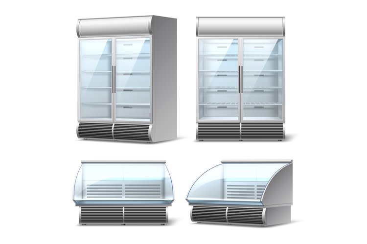 Realistic fridges showcases. Isolated refrigerators and disp