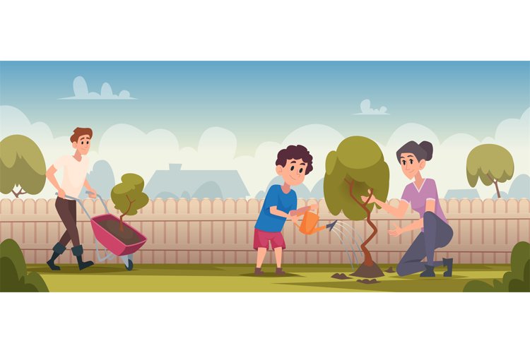 Care trees. Nature outdoor people planting trees exact vect