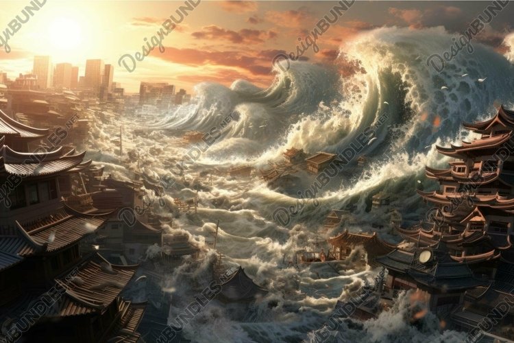 Catastrophic Tsunami city wave. Generate Ai