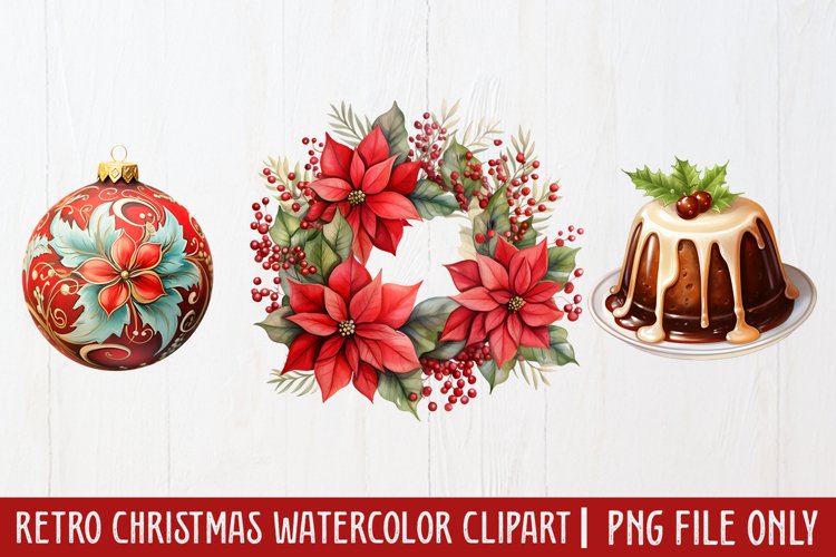 Retro Christmas Watercolor Clipart, Vintage (4389029)
