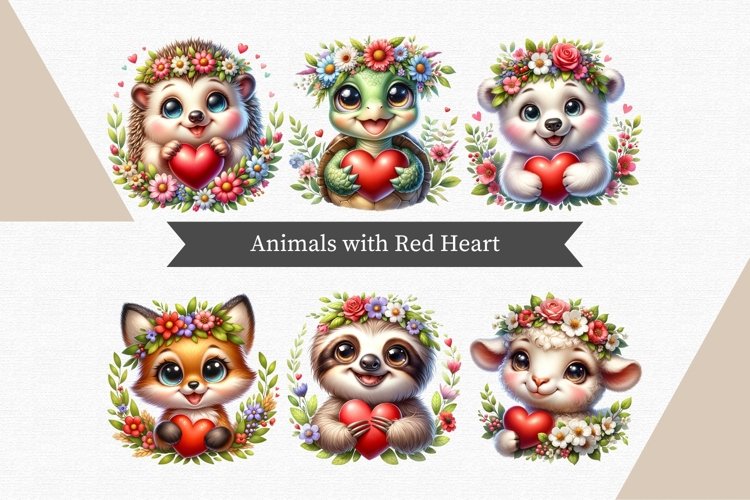 Valentines day clipart, Animals with red heart