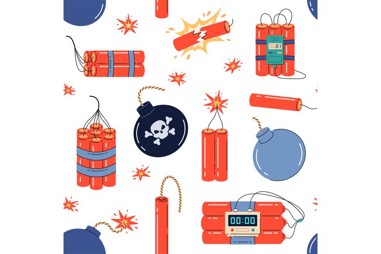 Dynamite and bombs seamless pattern. Round explosives with