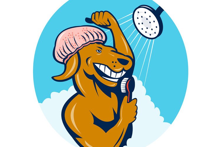 Cartoon dog singing shower scrubbing brush