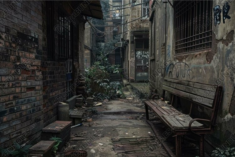Old rusty bench inviting to sit down in deserted alley