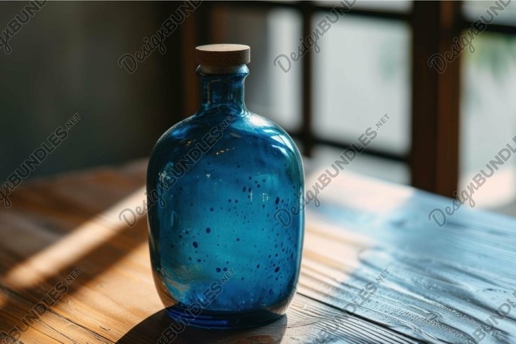 Vintage blue glass bottle on wooden table