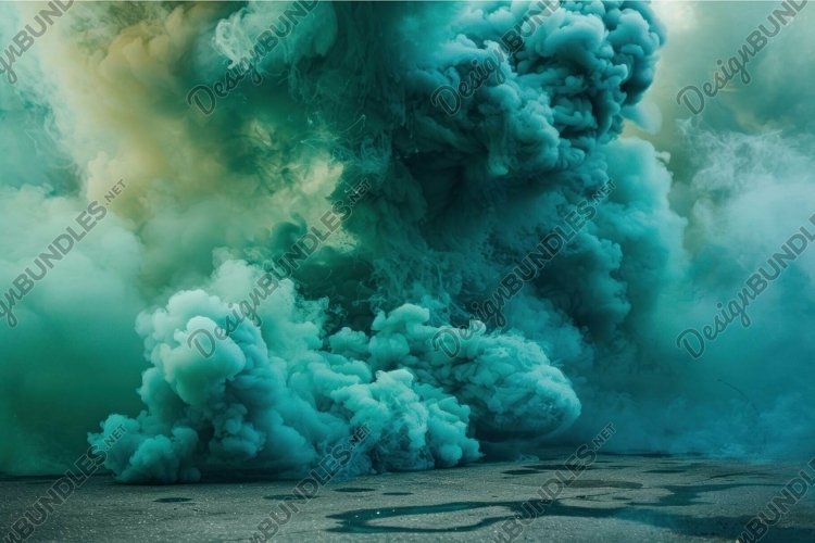 Turquoise and green smoke billowing over wet asphalt