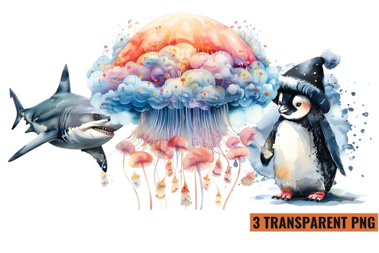 Watercolor Sea Animals Clipart , PNG