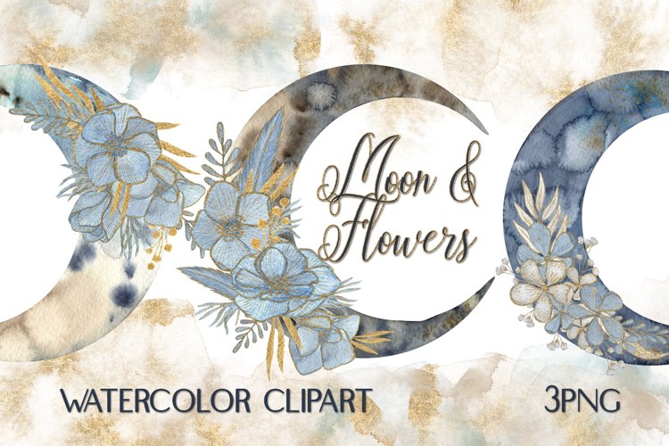 Watercolor Boho Clipart Moon & Flowers Frames (1036045)