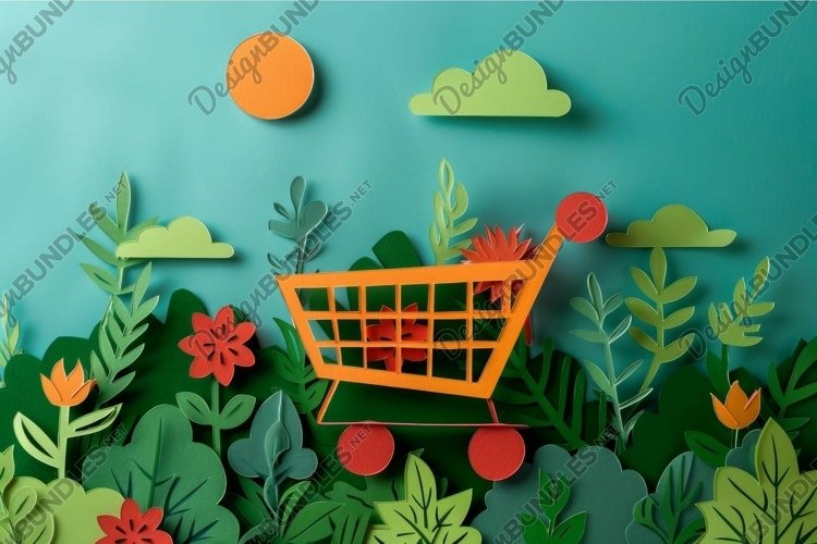 Shopping cart full of flowers moving through papercraft natu