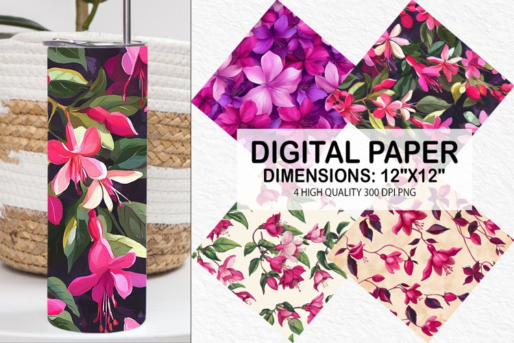 Fuchsia Flowers Pattern Digital Paper - Flowers Background