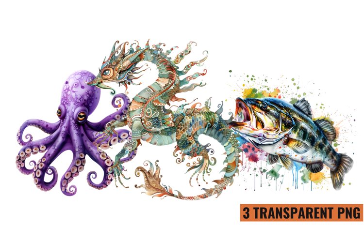 Watercolor Sea Animals Clipart , PNG