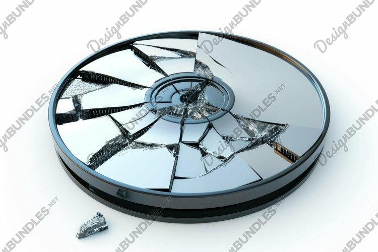 Shattered compact disc on white background