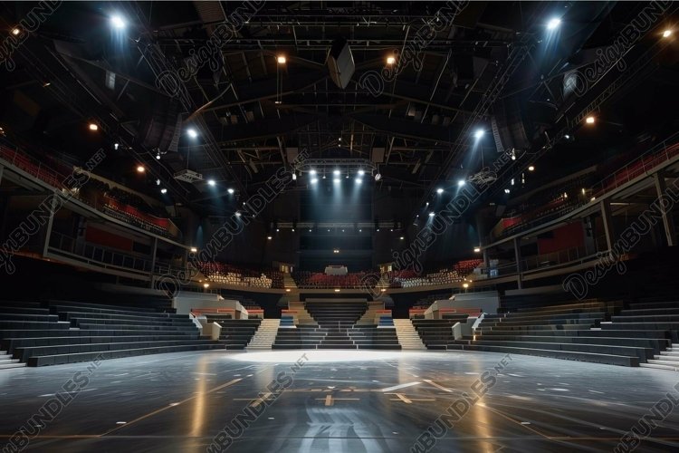 Modern arena with spotlights shining down on empty court