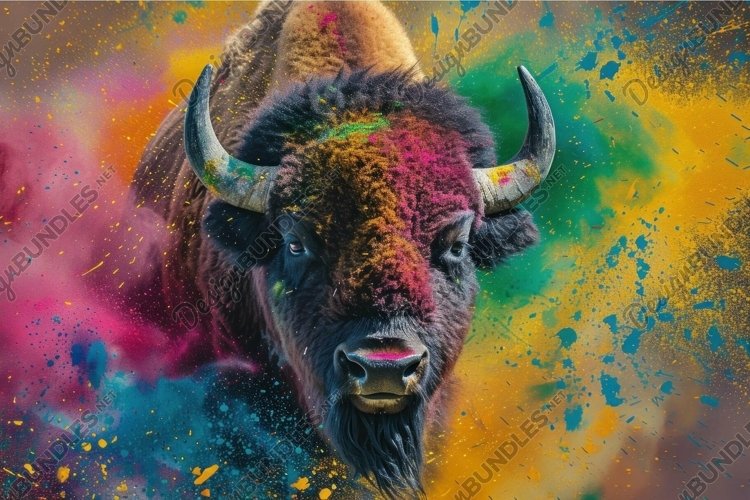 Exuberant Colorful bison splashes. Generate Ai