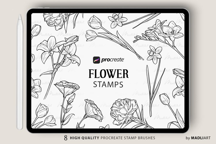 8 Spring Flower Procreate Brush Stamps. Tulips, Peony, Lily