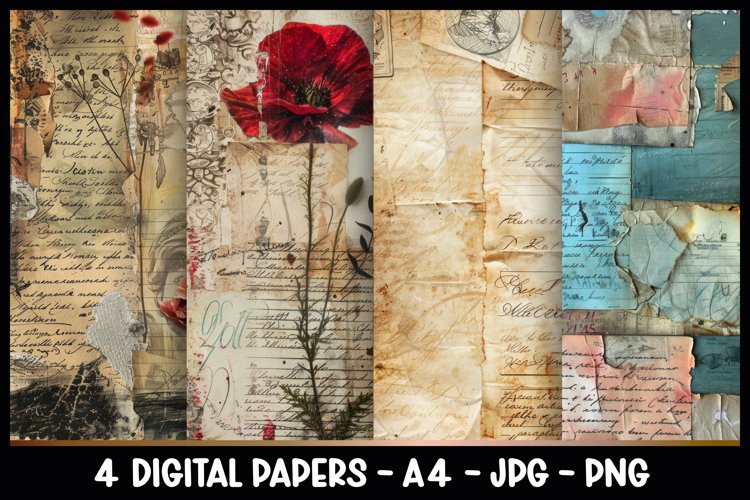 4 Vintage Digital Papers I Junk Journal Pages (3770602)