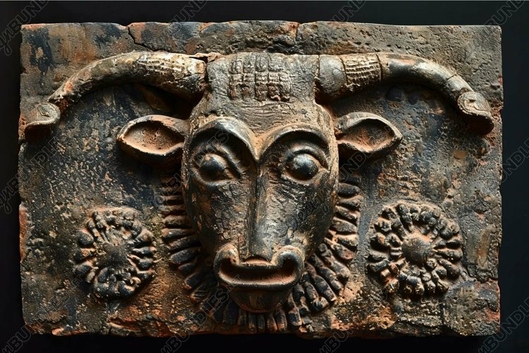 Ancient mesopotamian terracotta plaque depicting bull god he