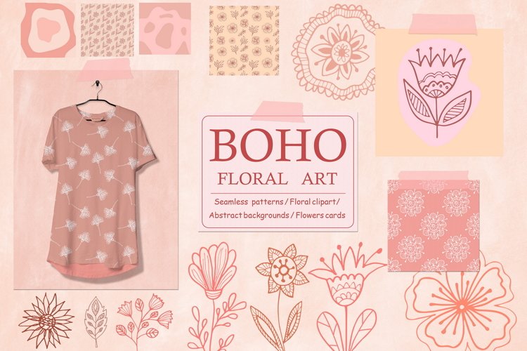 Boho Floral Art - Flowers and Leaves Clipart, Digital Paper