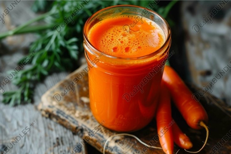 Fresh carrot juice in glass on rustic wooden table