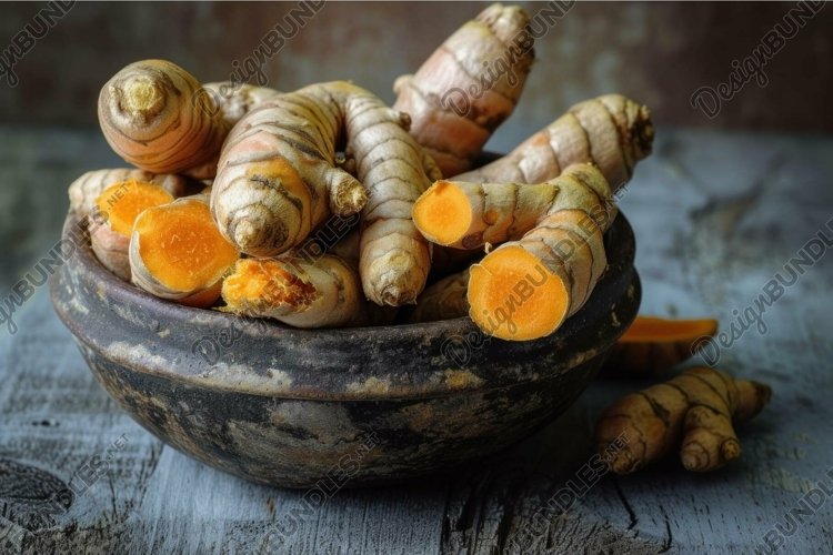 Fresh organic turmeric roots in rustic bowl