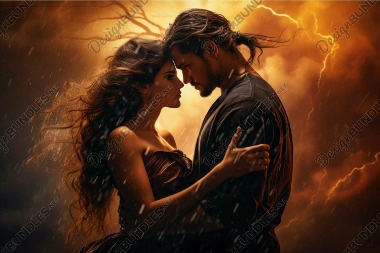 Passionate embrace amidst fiery storm