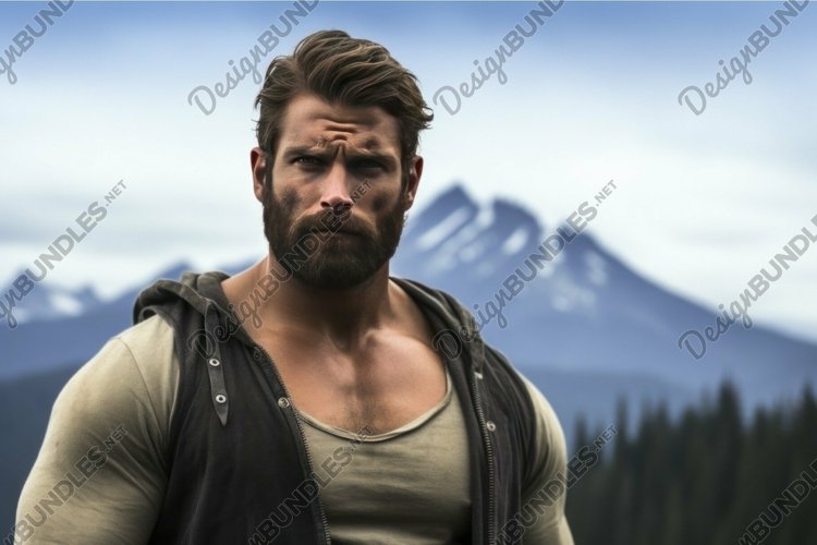 Rugged man in mountainous landscape