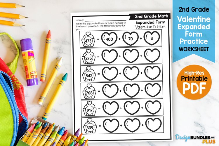 2nd Grade Math Expanded Form Valentine Worksheet