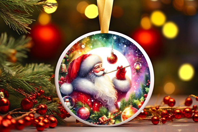 Watercolor Christmas Santa Round Ornament PNG