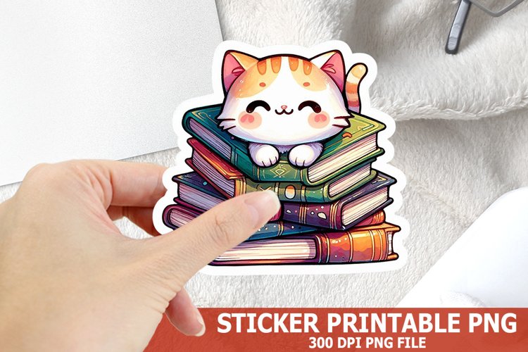 Cute Cat on A Stack of Books Sticker