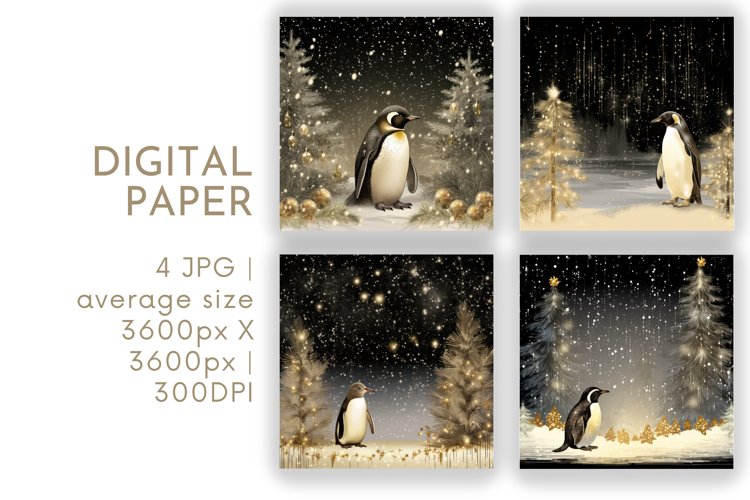 Gold Christmas Penguin Digital Paper JPG