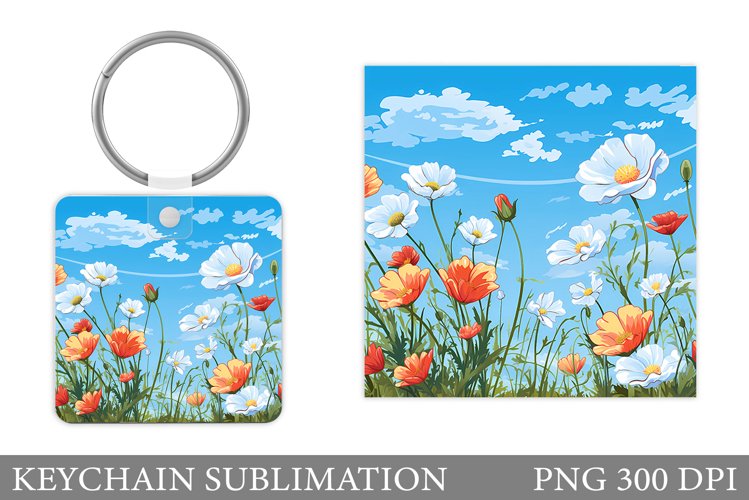 Square Keychain Flowers. Daisy Keychain Sublimation