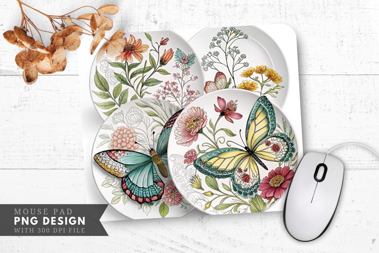 Butterfly and Floral Decorative Mouse Pad PNG Design