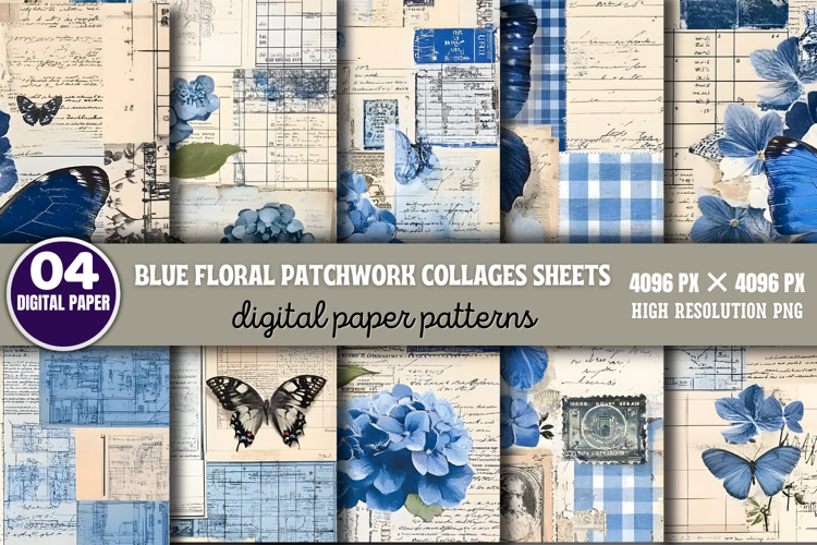 Blue Floral Patchwork Collages Sheets Digital (5293350)