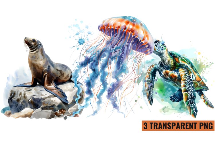 Watercolor Sea Animals Clipart , PNG