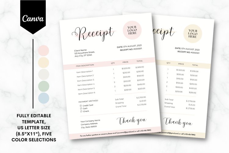 Editable Receipt Canva Template - 5 Color Choices