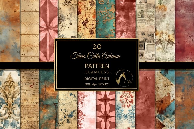 Terra Cota Autumn Digital Paper, Grungy Seamless Patterns