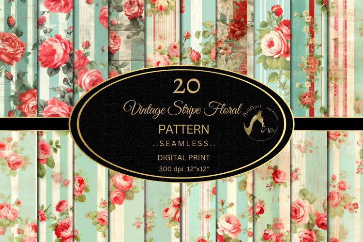 Vintage Roses Digital Paper, Stripe Classic Floral Paper