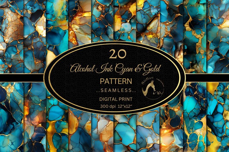 Seamless Abstract Digital Paper, Cyan and Gold Veins