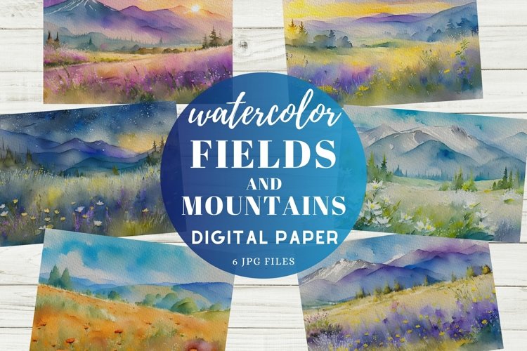 Fields & Mountains Watercolor Digital Paper Nature Lover