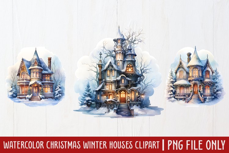 Watercolor Christmas Winter Houses Clipart, (4425473)