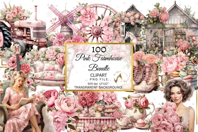 Watercolor Pink Farmhouse Clipart Bundle Floral Clipart PNG