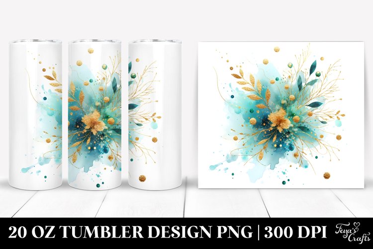 Colorful Cyan Watercolor Splash with Golden Foil | 20 Oz