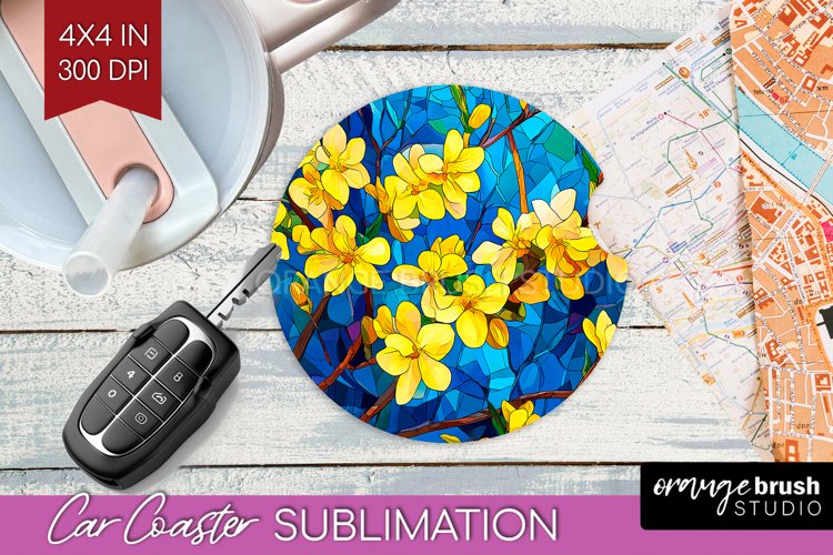 Stained Glass Flowers Car Coaster - Floral Coaster (5221054)