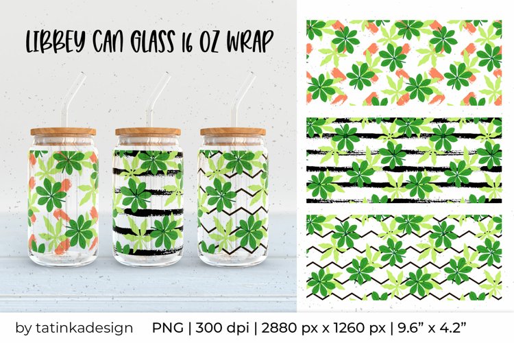 Libbey can glass sublimation 16 oz with tropical leaves