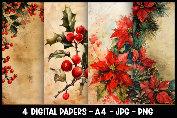 4 Vintage Christmas Floral Digital Papers I Junk (3751756)