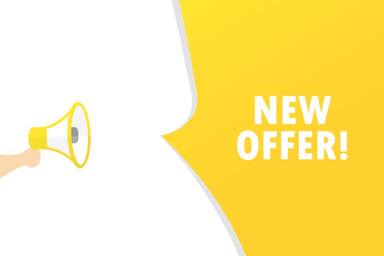 Hand holding megaphone with new offer message.