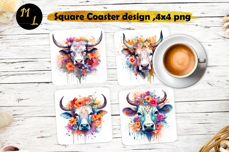 Watercolor Cow Coaster design,Cow flowers Square Coaster