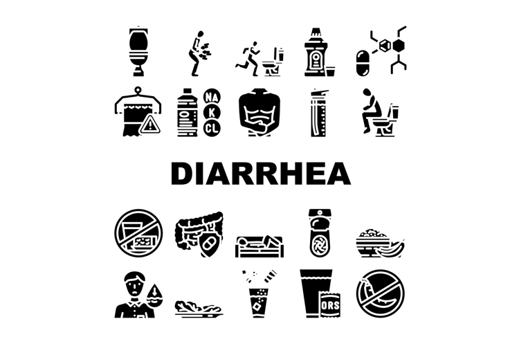 diarrhea causes symptom treatment icons set vector (6572683)